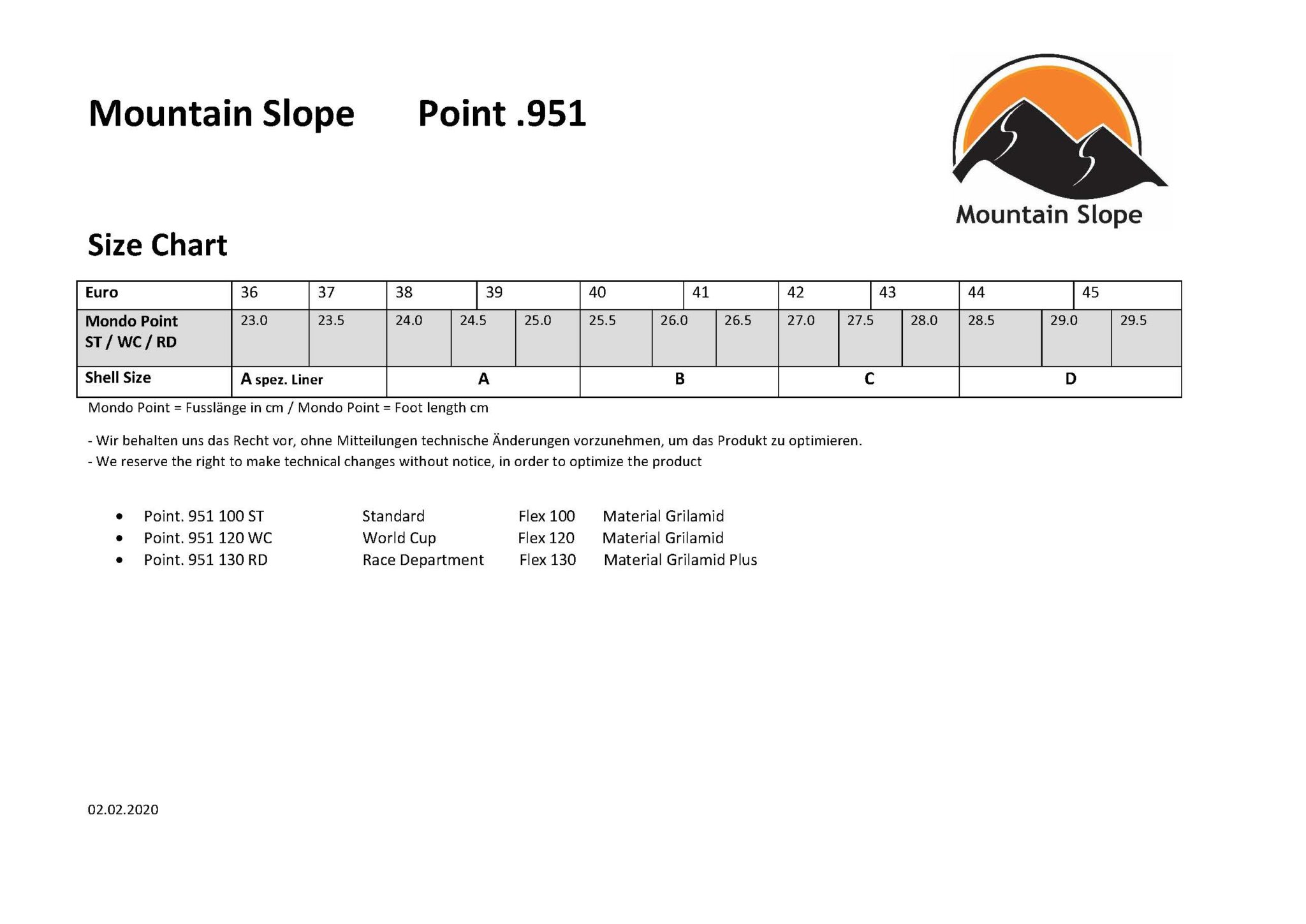 Size chart – Mountain Slope
